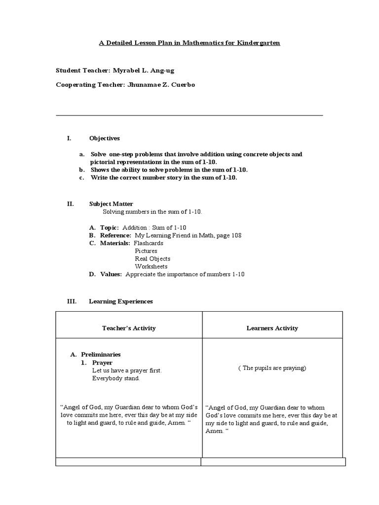 A Detailed Lesson Plan in Mathematics For Kindergarten FOR FINAL DEMO ...