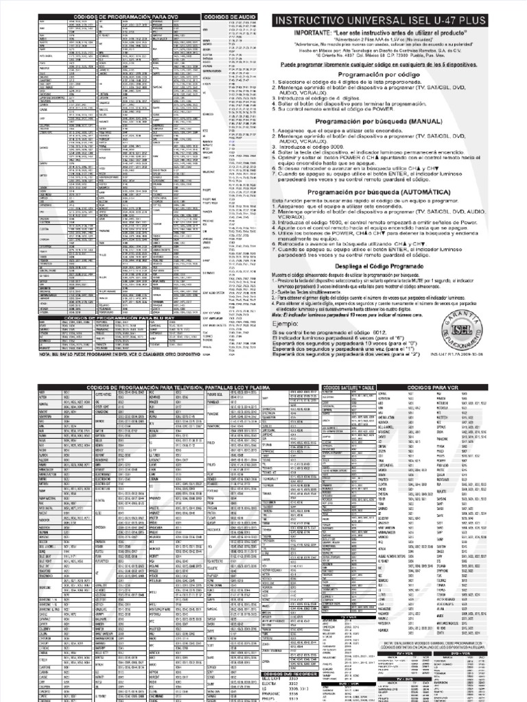 Codigos Control Universal Isel U47 Plus | PDF