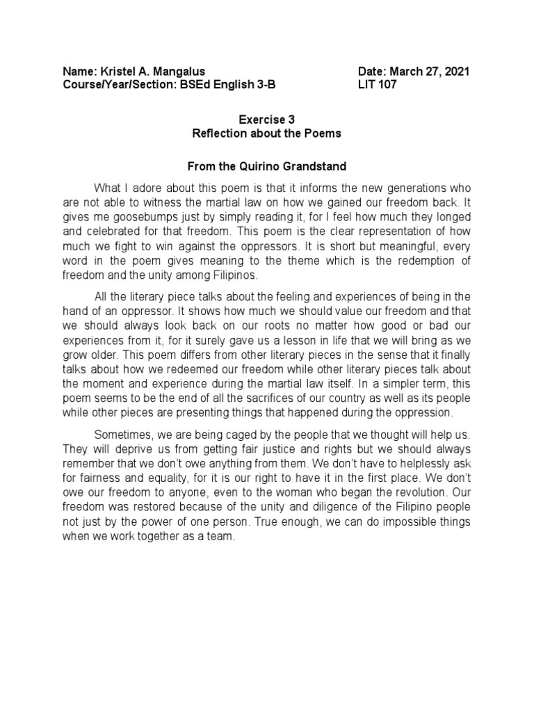 Exercise 3 Reflection About Contemporary Poems | PDF | Social Science ...