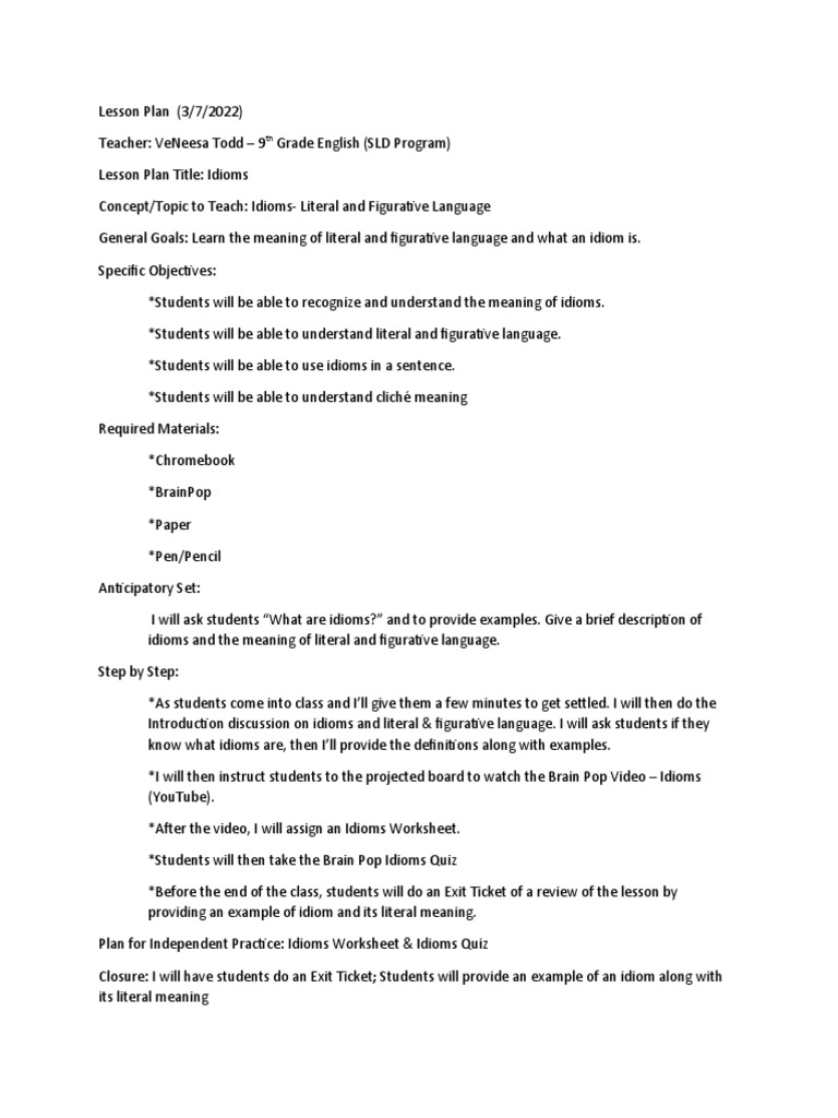 Idioms Lesson Plan for ESL Students | PDF