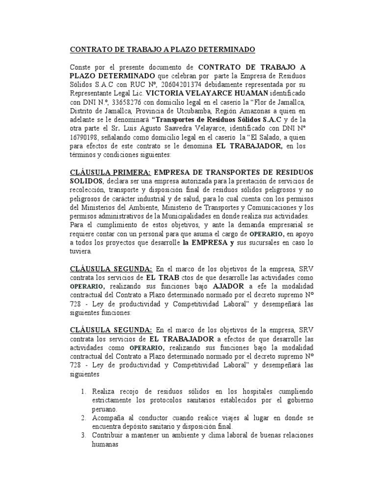 Contrato de Trabajo Plazo Determinado | PDF | Business | Regulación