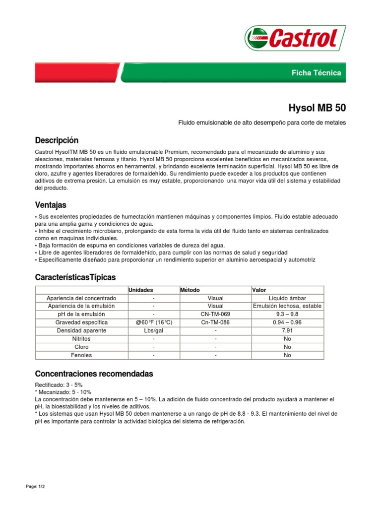 CASTROL Hysol MB 50 | PDF | Aluminio | Agua