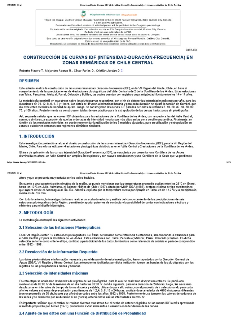 Construcción de Curvas IDF (Intensidad-Duración-Frecuencia) en Zonas Semiáridas de Chile Central ...
