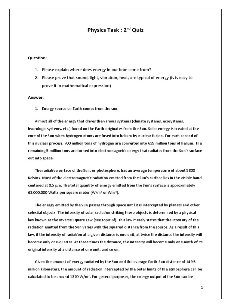 Physics Task: 2 Quiz | PDF | Sun | Atmosphere Of Earth