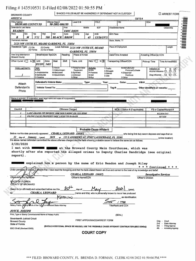 Probable Cause Affidavit in Eric Readon's Case | PDF