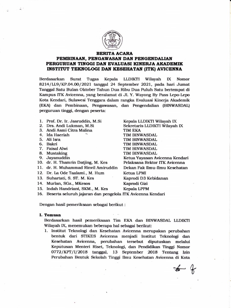 Berita Acara Rekomendasi Tim Binwasdal Dan Tim Eka Lldikti9 | PDF