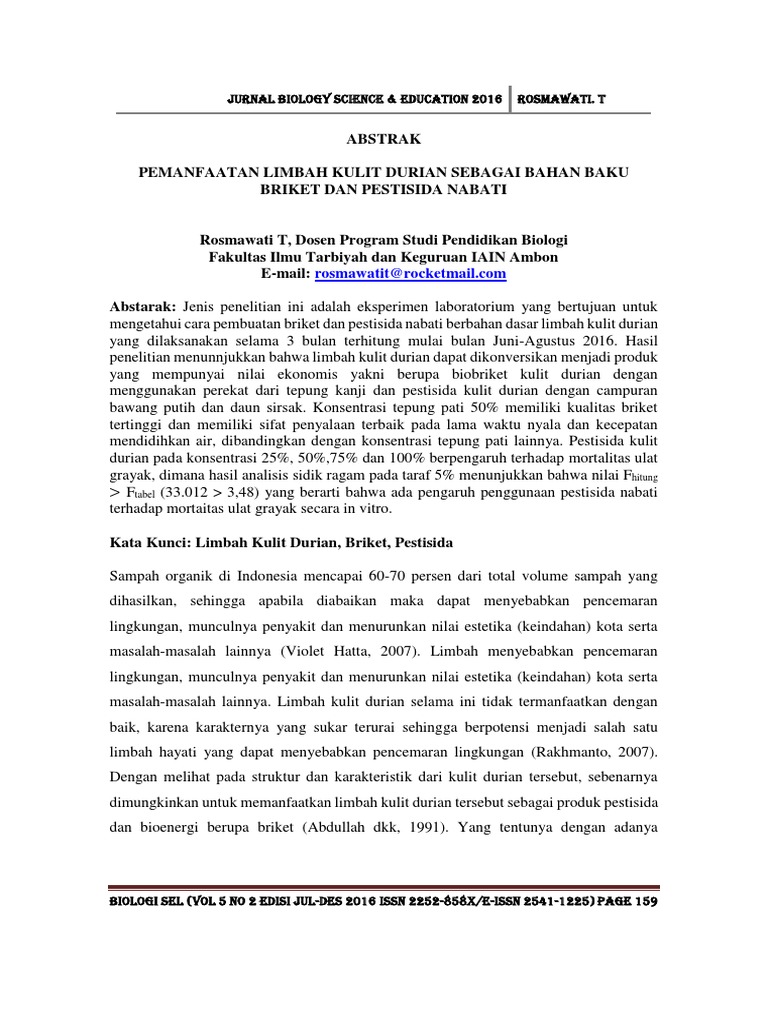 Pemanfaatan Limbah Kulit Durian - BIOSEL VOL 5 NO 2 TAHUN 2106 | PDF | Kesehatan Holistik