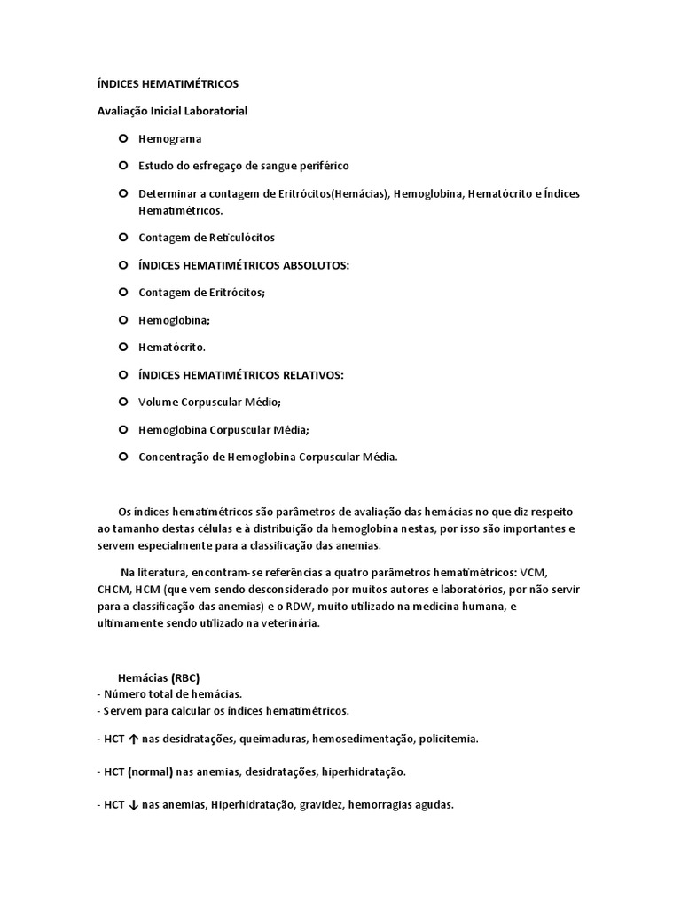 Índices Hematimétricos | PDF | Hemácia | Sangue