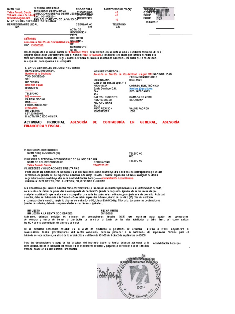 Acta de Inscripcion en El Registro Nacional de Contribuyentes | PDF ...