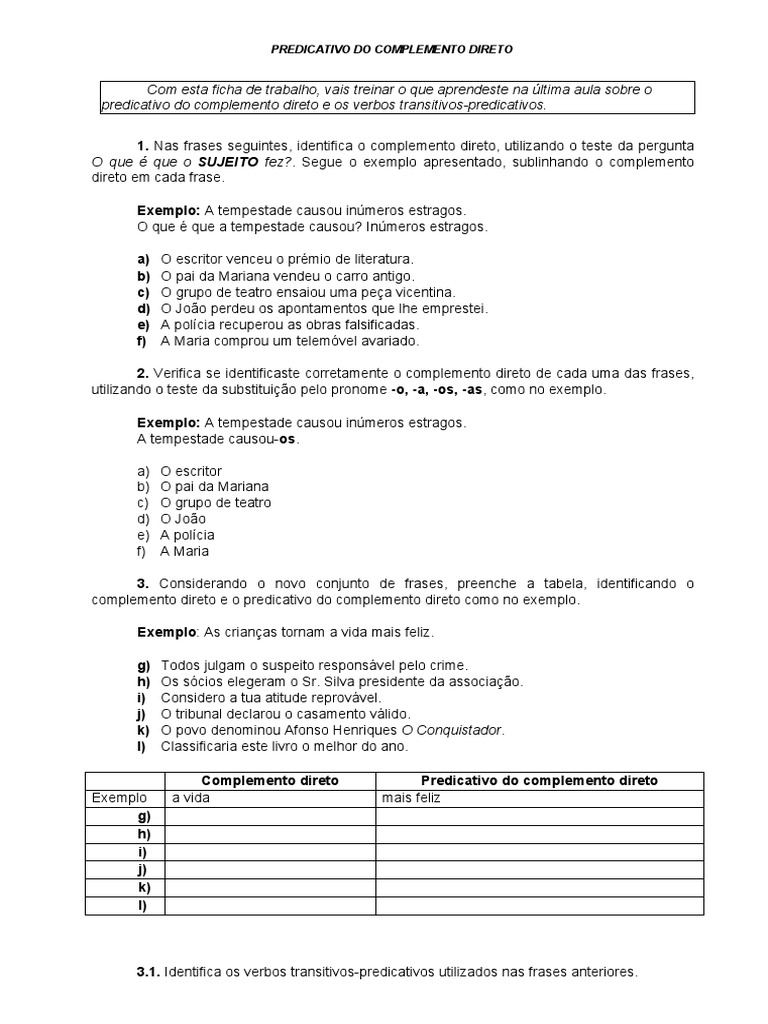 Ficha Sobre Predicativo Do Complemento Direto | PDF