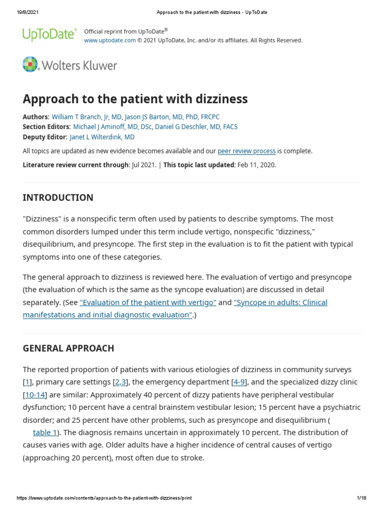 Approach to the patient with dizziness - UpToDate | PDF | Vertigo ...