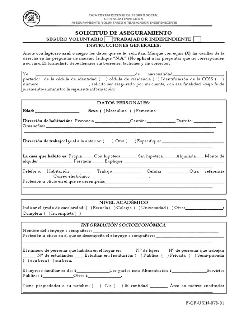 Formulario de Asegurado Voluntario CCSS | PDF | Pensión | Póliza de seguros
