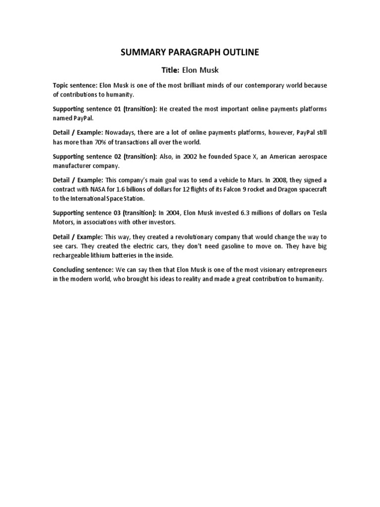 Summary Paragraph Outline | PDF | Elon Musk | Vehicles