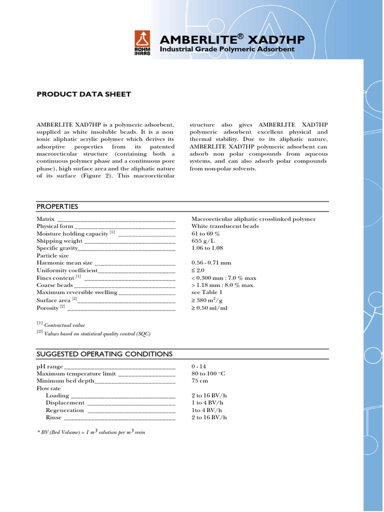 Amberlite Xad7Hp: Industrial Grade Polymeric Adsorbent | PDF | Adsorption | Solvent