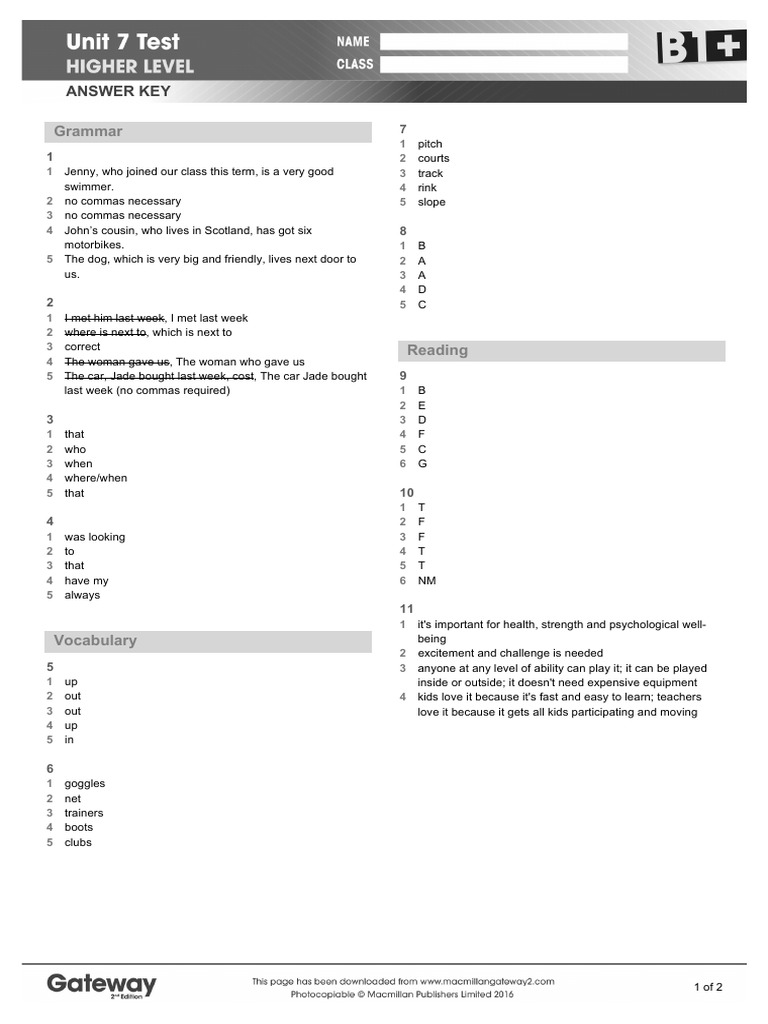 B1+ UNIT 7 Test Answer Key Higher | PDF | Applied Psychology | Linguistics