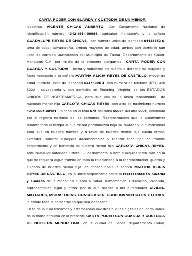 Carta Poder Con Guarda y Custodia de Un Menor | PDF