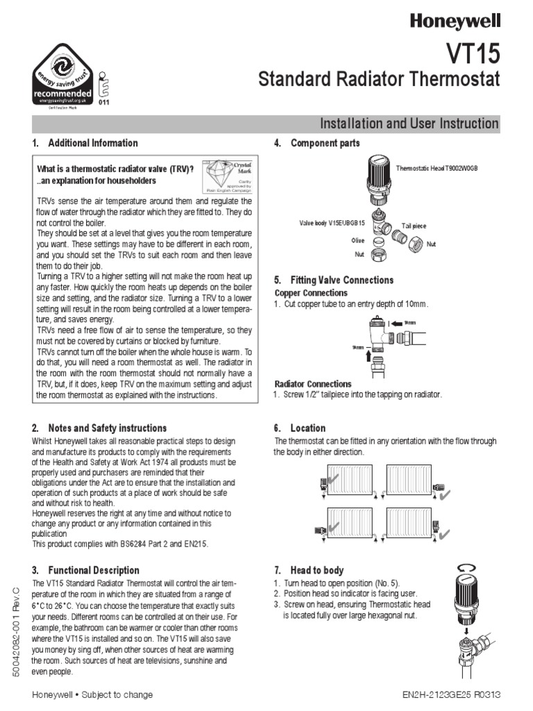 Honeywell VT15 TRV Installation Guide | PDF | Thermostat | Valve