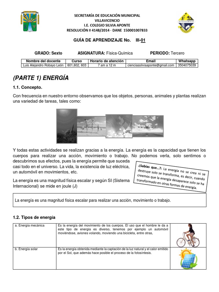 Guía de Aprendizaje Tipos de Energía | PDF | Energía renovable ...