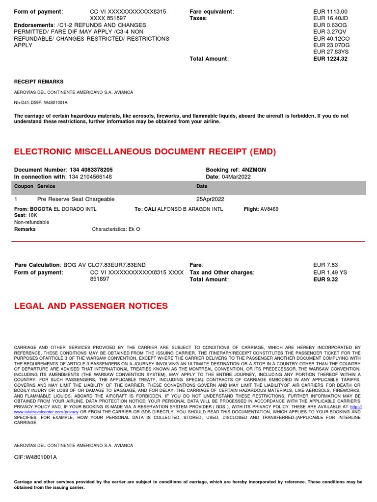 Avianca Flight Receipt and Fare Details | PDF | Airlines