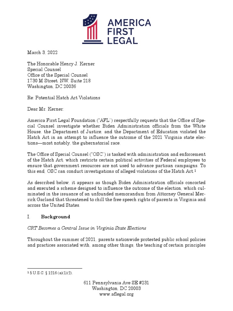 America First Legal 3.3.22 OSC Letter | PDF | Politics Of The United ...