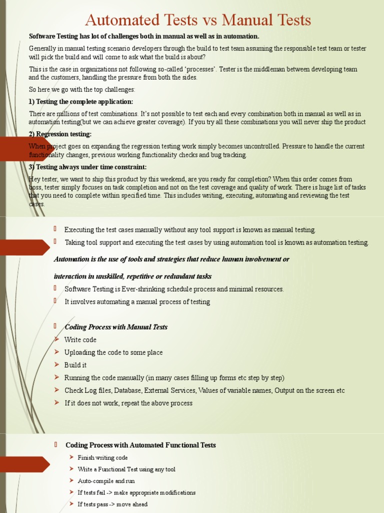 Automated vs Manual Testing Guide | PDF | Selenium (Software) | Automation