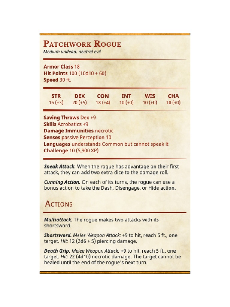 Patchwork Rogue Statblock | PDF