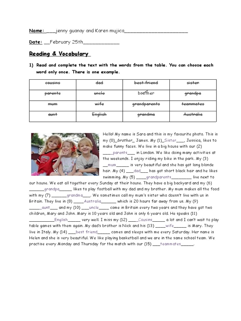 Family Vocabulary Exercise for Kids | PDF | Workweek And Weekend ...