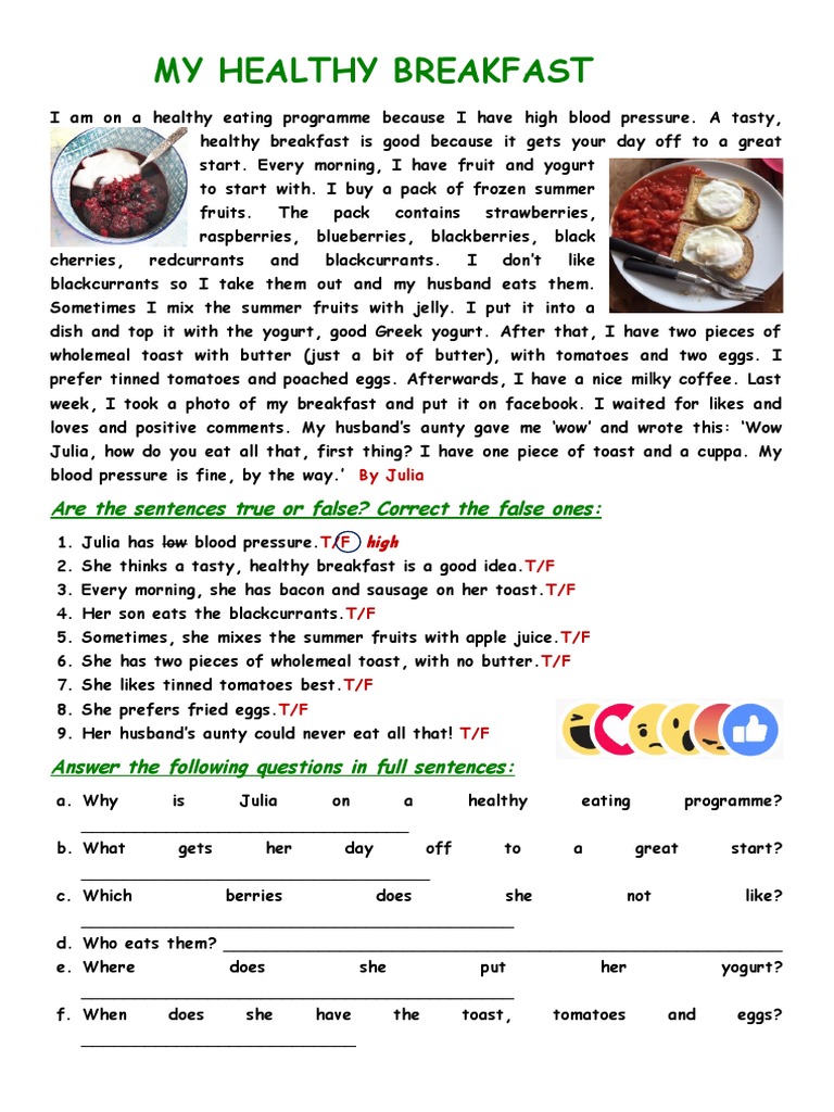 RC My Healthy Breakfast Reading Comprehension Exercises - 141495 | PDF ...
