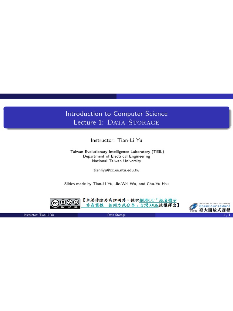 Introduction To Computer Science Lecture 1: Data Storage: Instructor ...