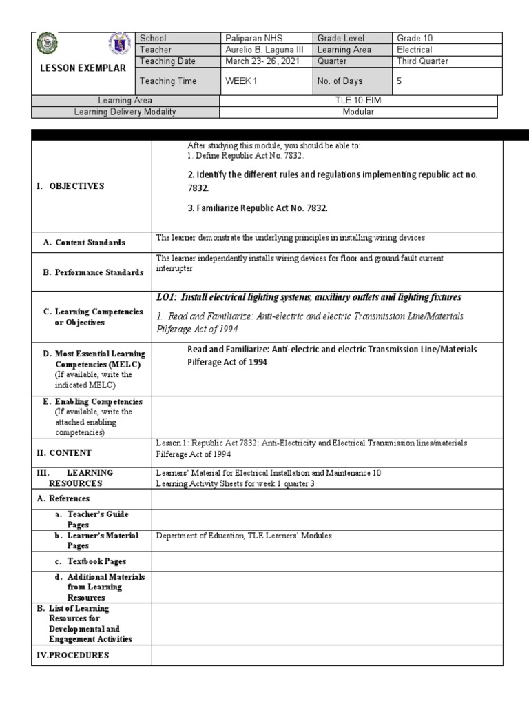 LE-week-1 Lesson 1 Eim Quarter 3 | PDF | Electric Power | Electromagnetism
