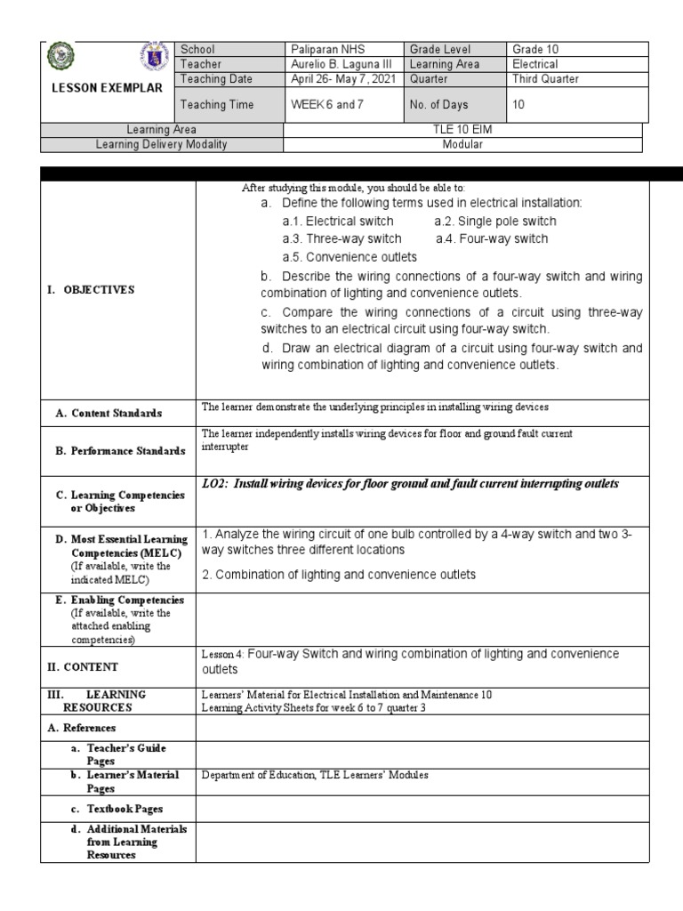Four-Way Switch Wiring Lesson Plan | PDF | Switch | Components