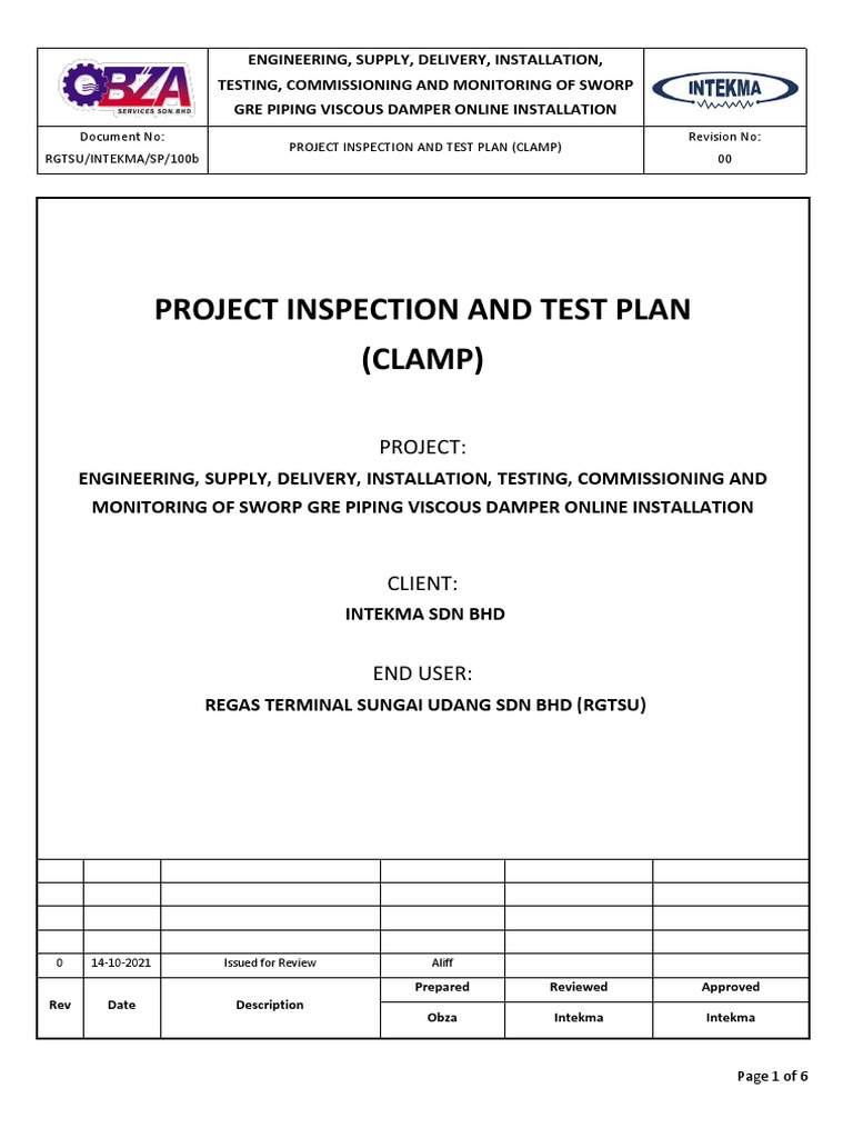 Project Inspection and Test Plan (Clamp) | Download Free PDF ...