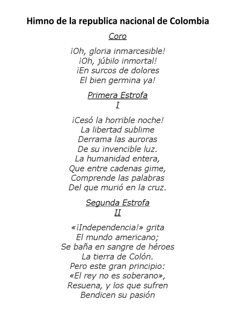 Himno De La Republica Nacional De Colombia Pdf