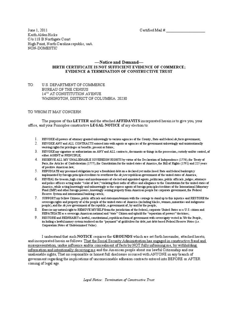 Legal Notice Termination of Constructive Trust | PDF | Federal ...