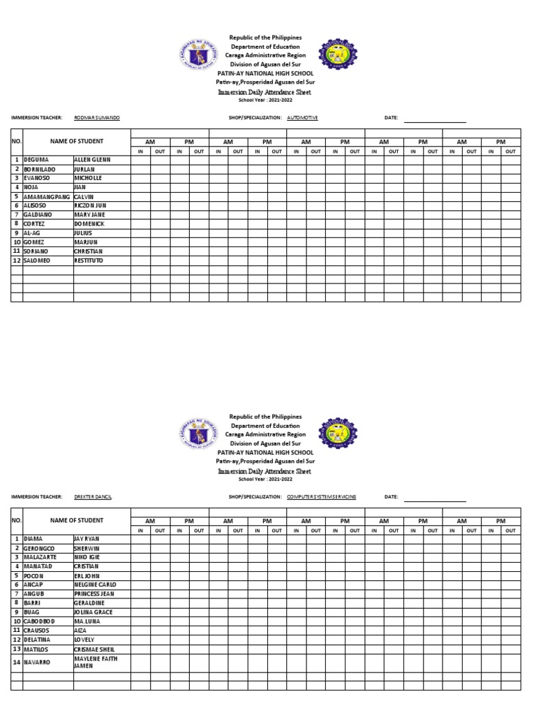 Immersion Daily Attendance Sheet' | PDF