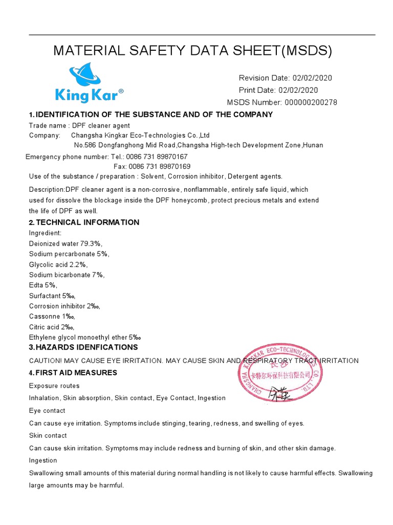 MATERIAL SAFETY DATA SHEET FOR DPF CLEANER AGENT | PDF | Personal ...