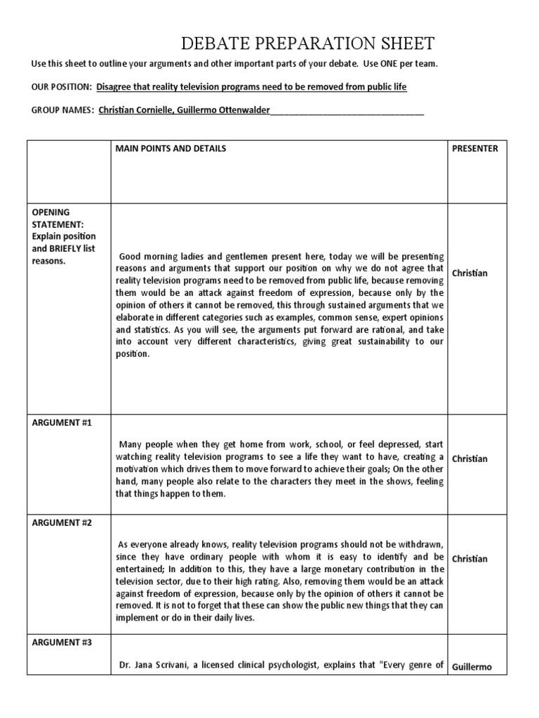 Debate Prep. Sheet For Students Modify | PDF | Reason | Reality