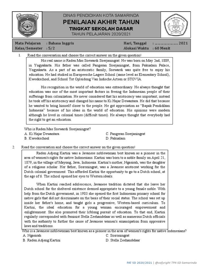 Naskah Soal Kls 5 BING PAT lLURING SD - 2021 | PDF