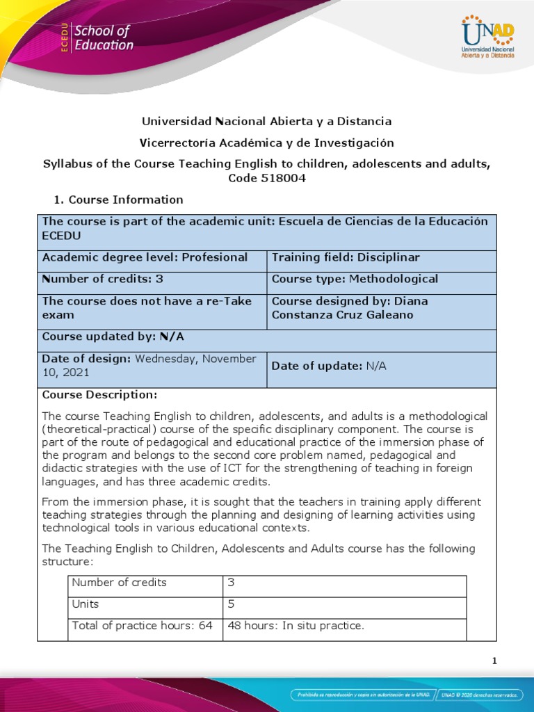 Course Syllabus Teaching English To Children, Adolescents and Adults ...