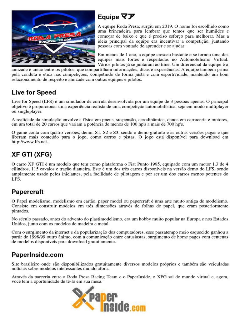 (LFS) XFG Papercraft Car15 | PDF | Carro | Corridas de automóveis