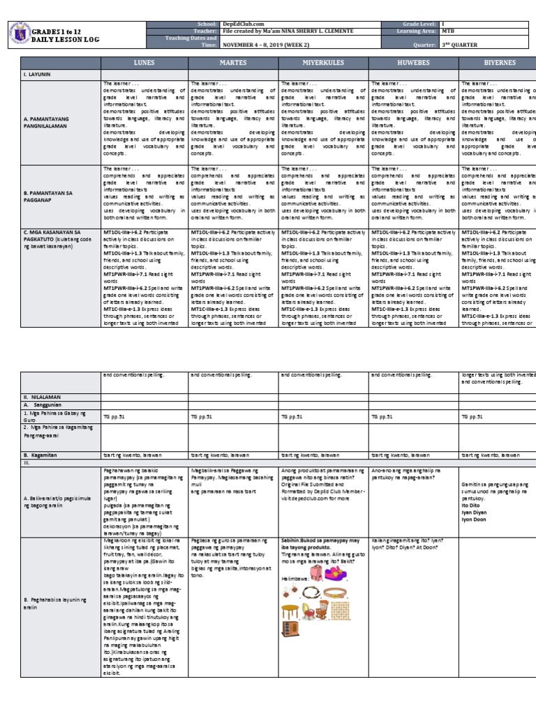 Lunes Martes Miyerkules Huwebes Biyernes: GRADES 1 To 12 Daily Lesson ...