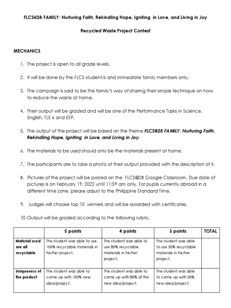 Rubric Recycled Waste Project Contest | PDF
