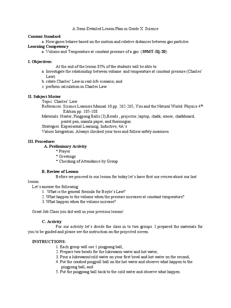Grade 9 Science: Charles' Law Lesson Plan | PDF | Gases | Temperature
