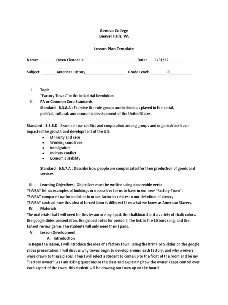 Geneva College Beaver Falls, PA Lesson Plan Template | PDF ...