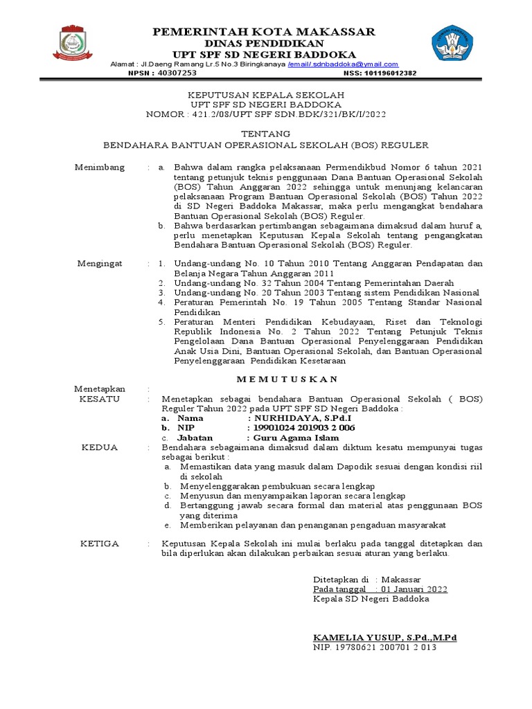 SK Bendahara BOS SD Tahun 2022 | PDF