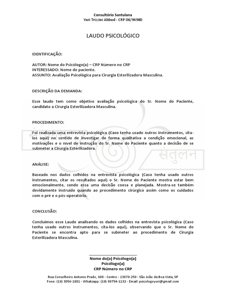Modelo de Laudo Psicologico Vasectomia | PDF