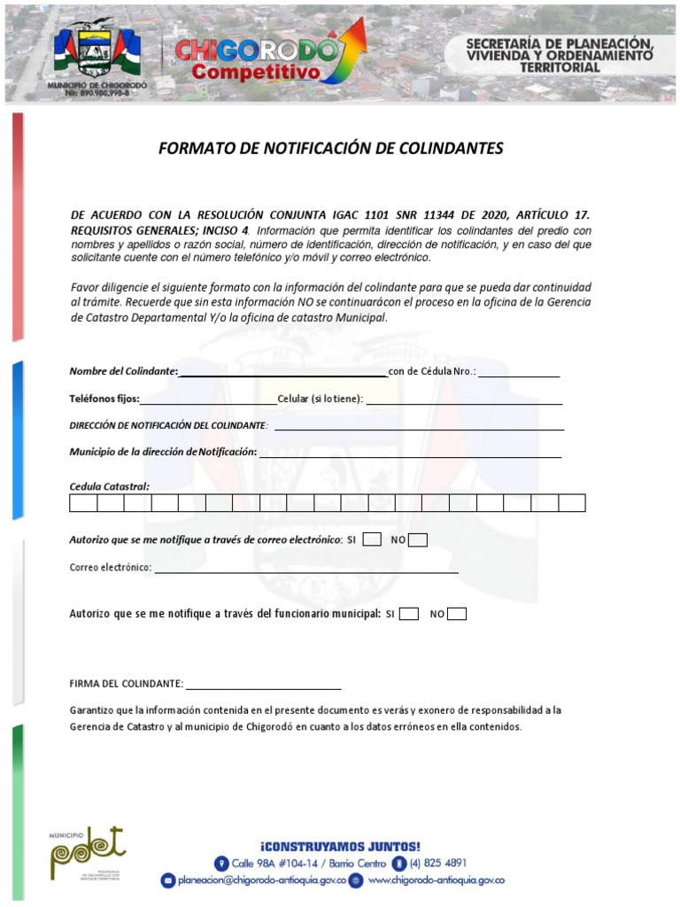Formato Notificación Colindantes. Res. 1101 de 2020 | PDF