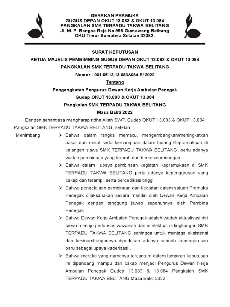 SK Pengurus Dewan Kerja Ambalan 2022 | PDF SK Pengurus Dewan Kerja Ambalan 2022 | PDF
