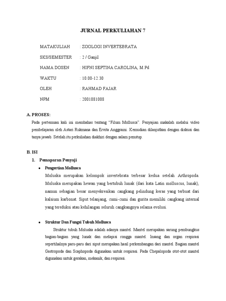Jurnal Perkuliahan 7 (Filum Mollusca) | PDF | Sains & Matematika