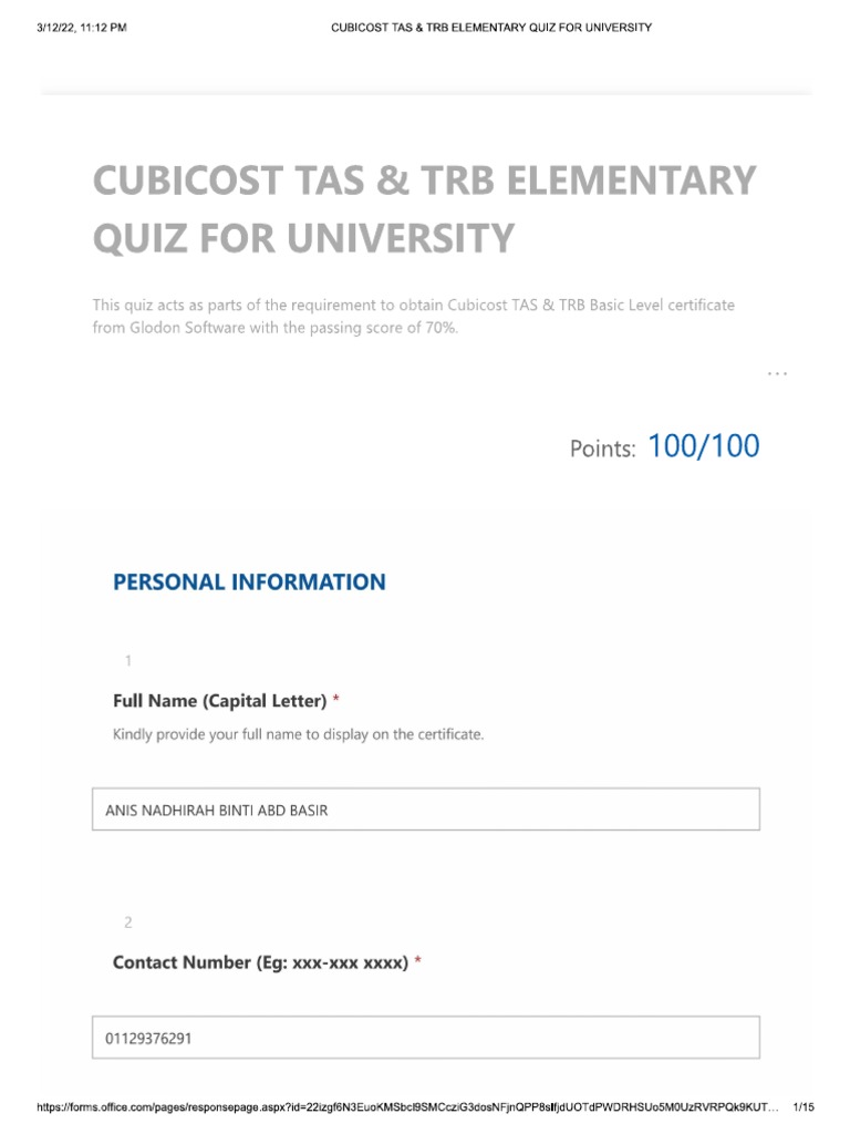 Cubicost Tas & TRB Elementary Quiz For University (Anis Nadhirah Binti Abd Basir) | PDF